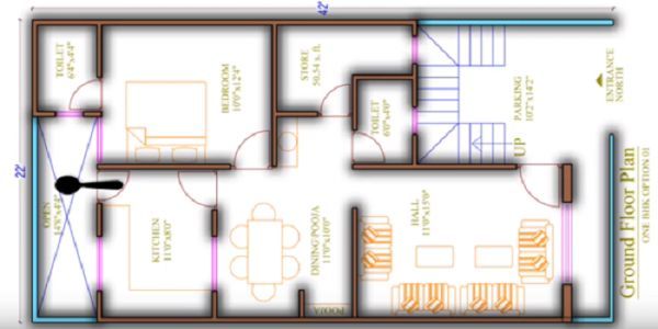 Best House Plan for 22 feet by 42 feet plot as per Vastu