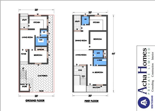 20 feet by 44 feet West facing Double-Edged Duplex House for two Families